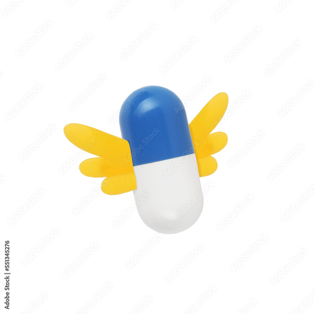 Medicament drug capsule pill with wing is flying on white background ...