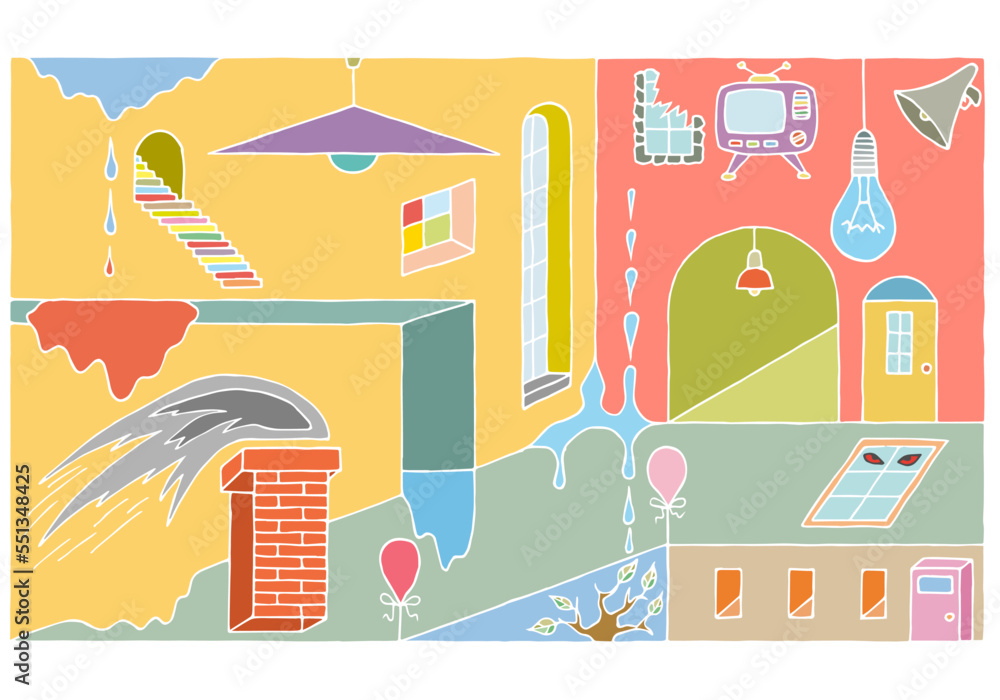 Psychedelic, surreal room interior. Hand Drawn. Freehand drawing ...