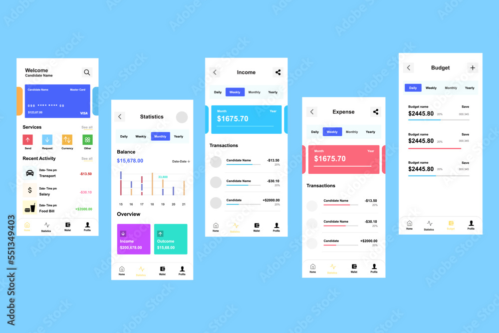 Online digital wallet mobile app template UI UX GUI user interface kit ...
