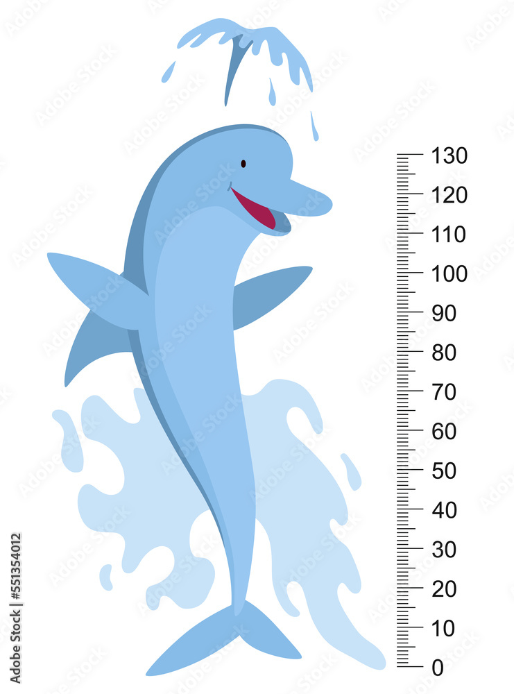 Height measure with growth ruler chart with cute cartoon dolphin animal ...