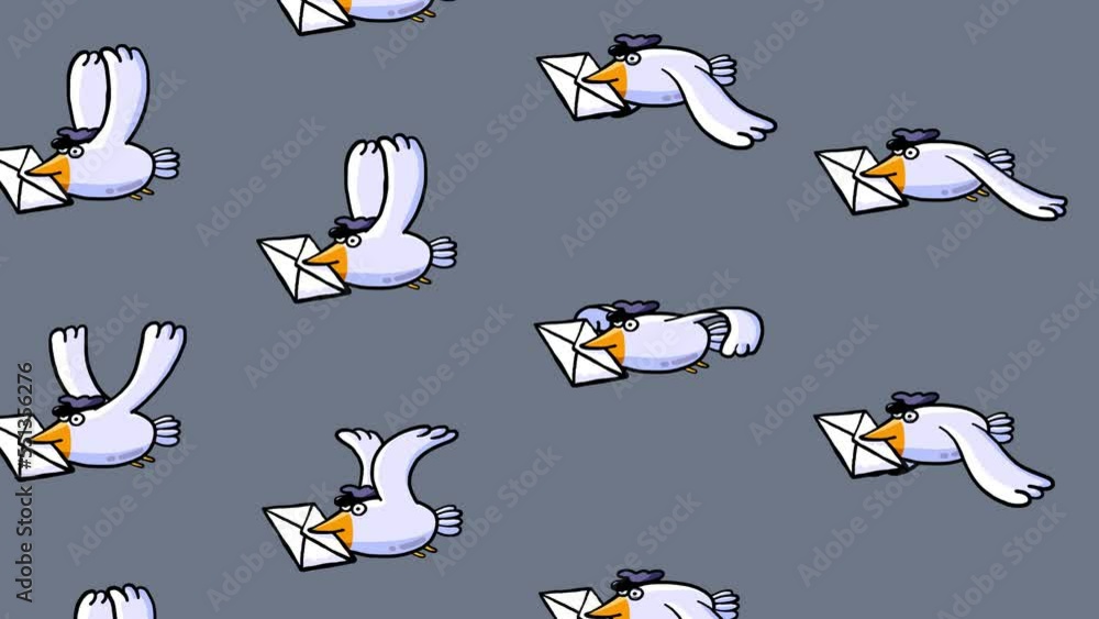 Cartoon carrier pigeon of the same size flying with envelope. Postman ...