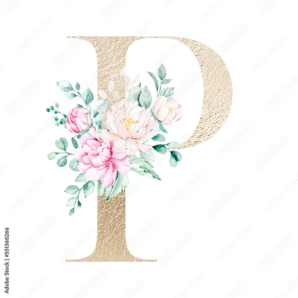 Floral alphabet, gold letter P with watercolor flowers and leaf ...