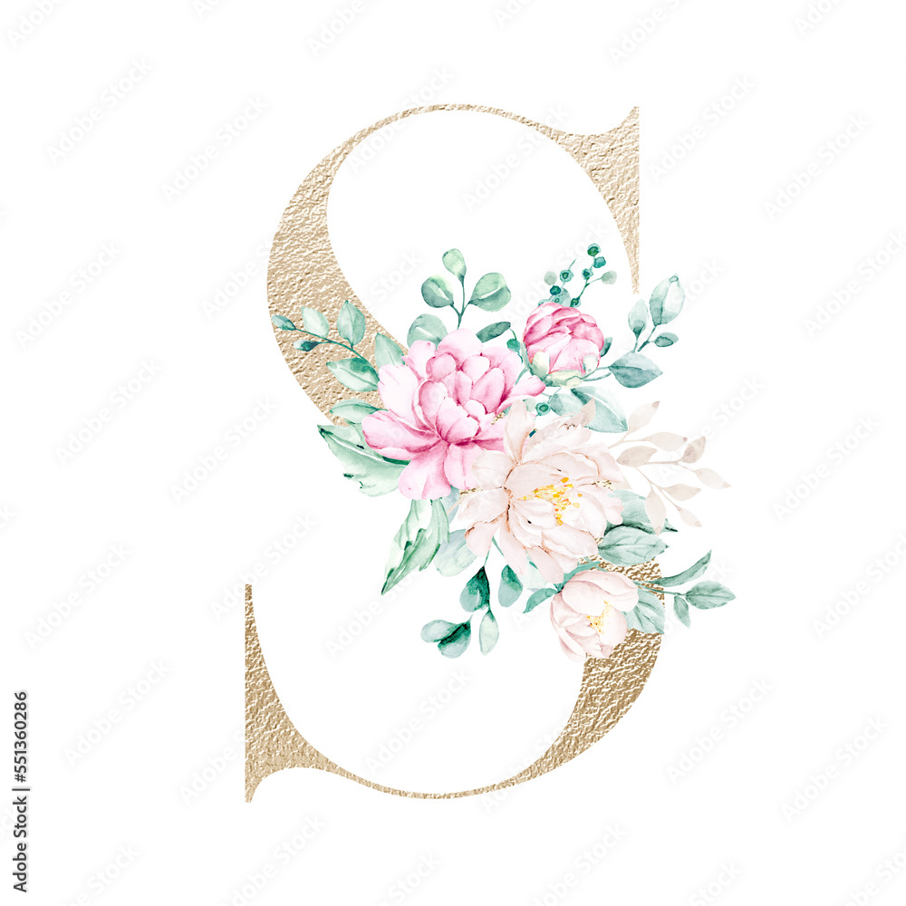 Floral alphabet, gold letter S with watercolor flowers and leaf ...
