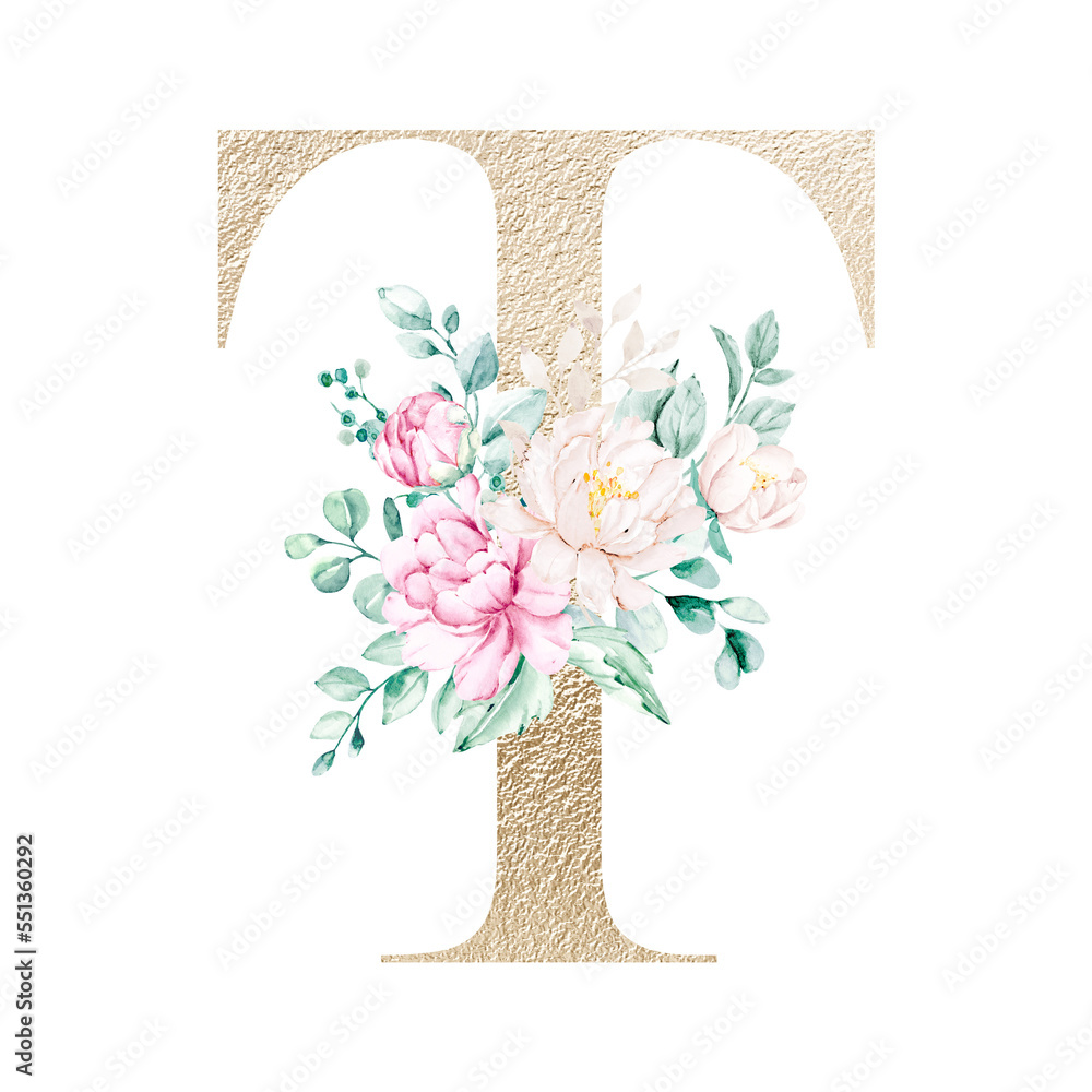 Floral alphabet, gold letter T with watercolor flowers and leaf ...