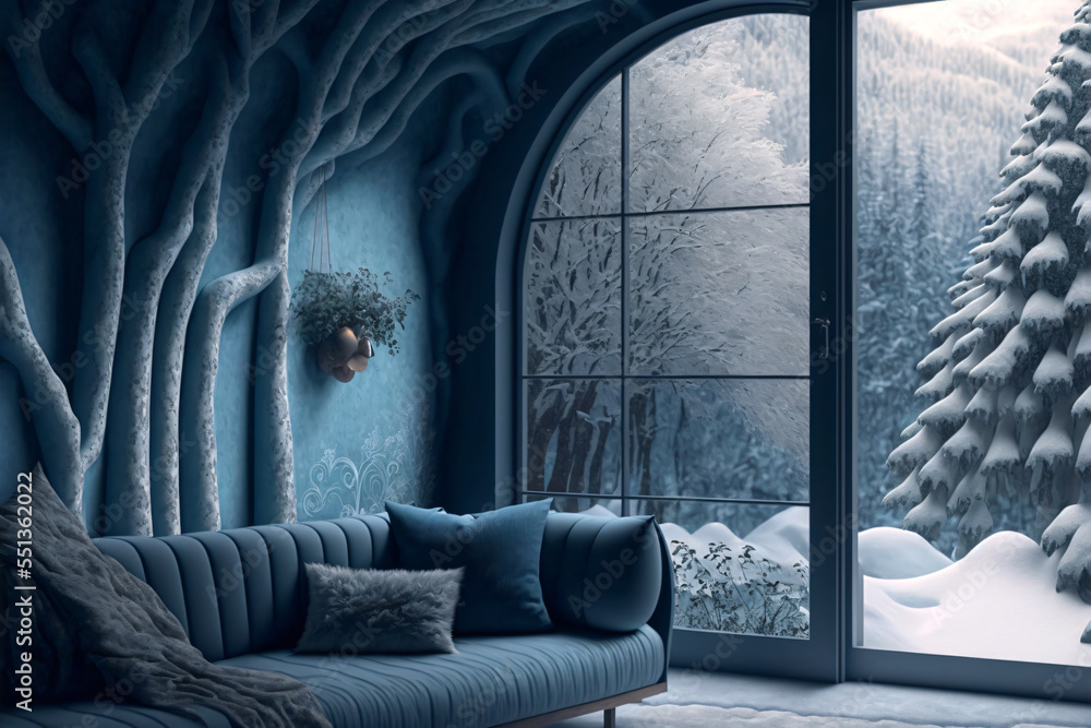 Surreal room design with winter feeling. 3D interior design composition ...