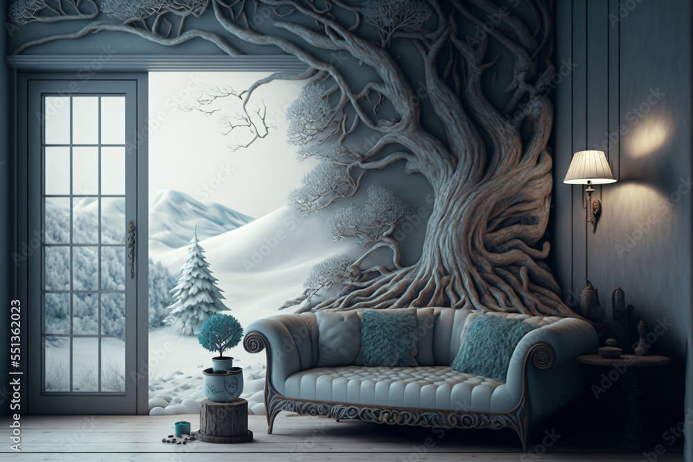 Surreal room design with winter feeling. 3D interior design composition ...