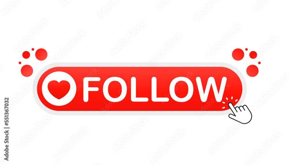 Follow button with heart icon and mouse cursor, mobile app, website ...