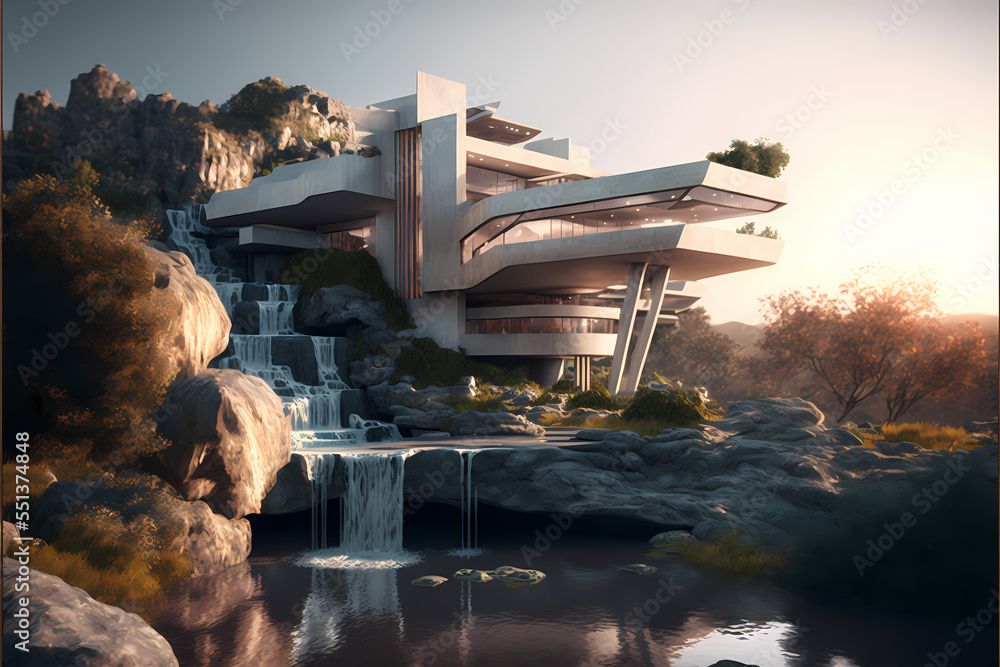 Villa House Building above falling water in a deconstructivist style ...