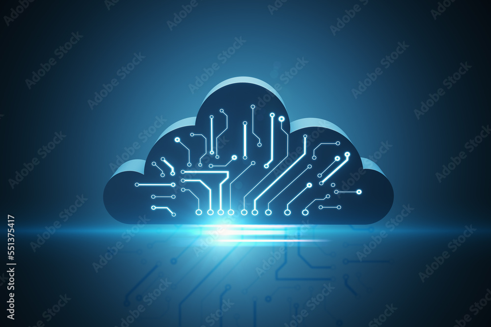 Abstract digital cloud circuit on blue background. Cloud computing ...