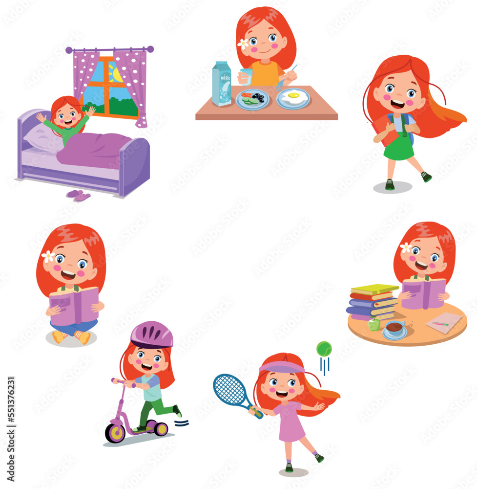 Cartoon kid daily routine activities set Stock Vector | Adobe Stock