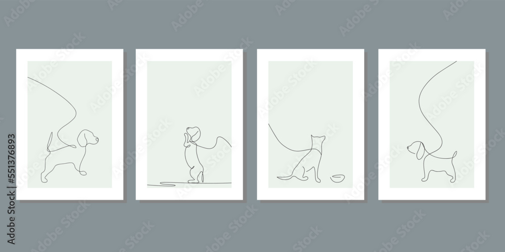 Cute dog animal continuous line drawing elements set isolated on white ...