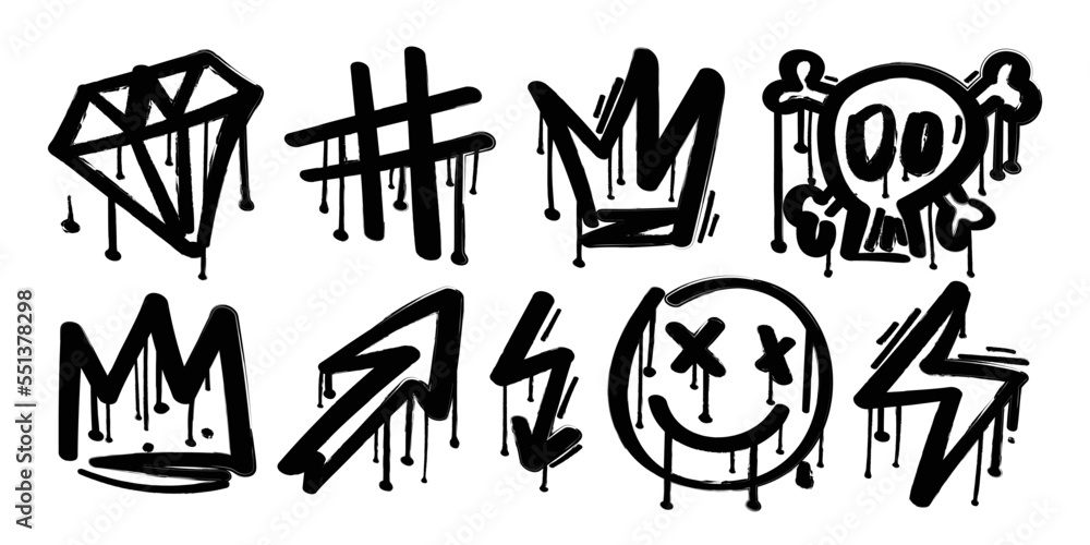 Set of black graffiti spray elements. Collection of skull, diamond ...