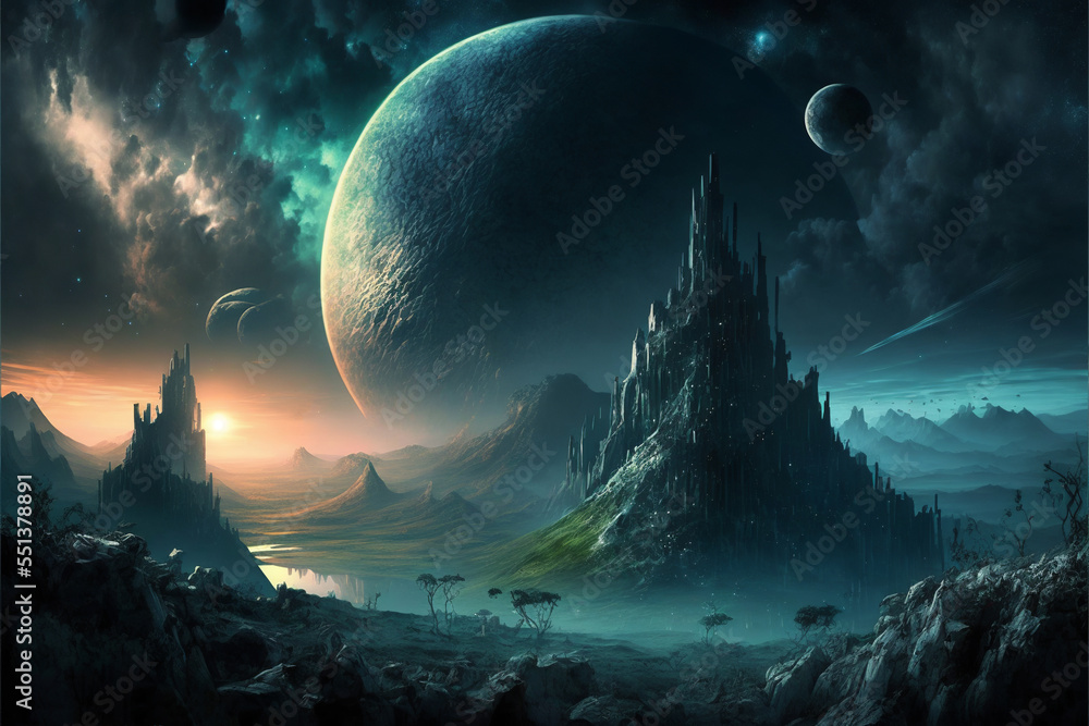Landscape scene on a distant alien world, alien city on a misty ...