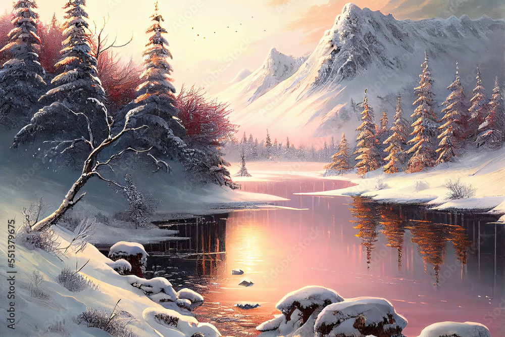 Fantasy winter landscape with river and snow on mountains in forest ...