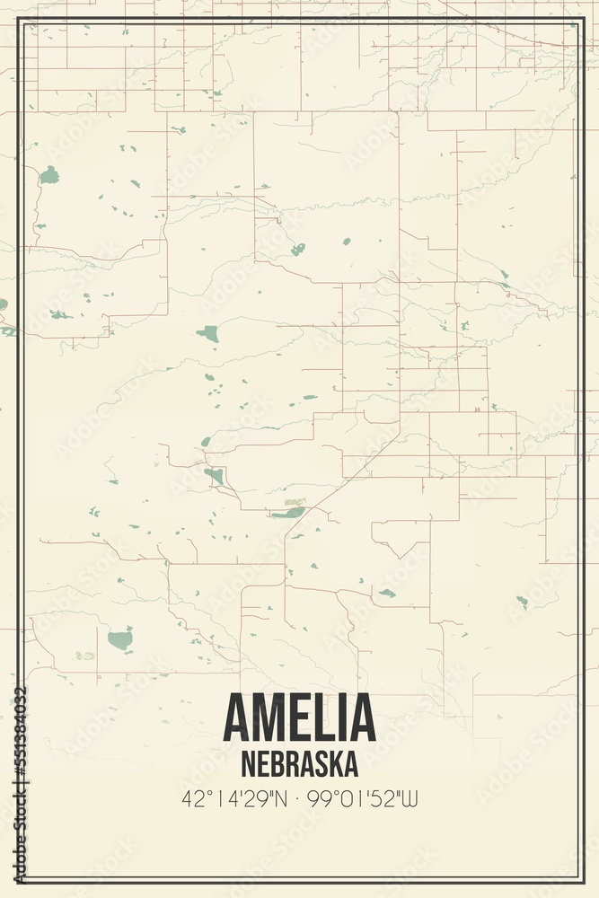 Poster Retro US city map of Amelia, Nebraska. Vintage street map ...