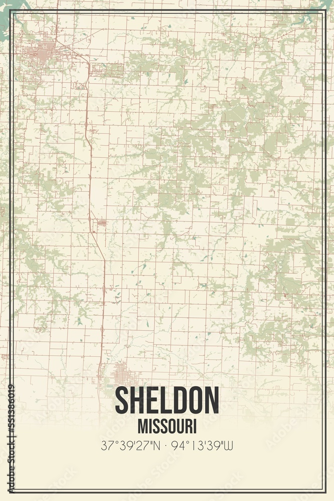 Retro US city map of Sheldon, Missouri. Vintage street map. Stock ...