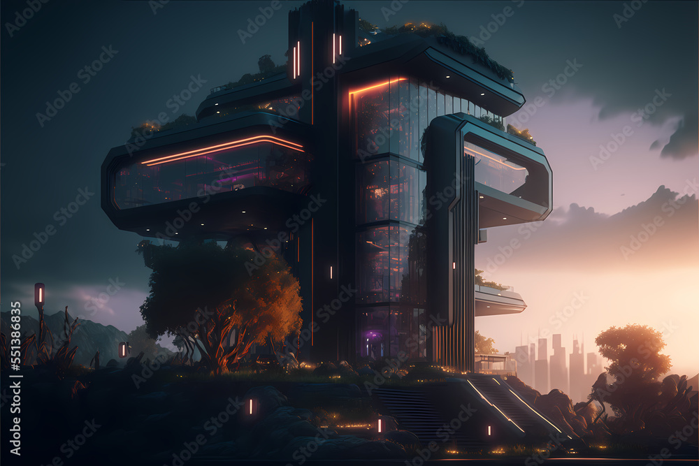 Villa House Building above falling water in a deconstructivist style ...