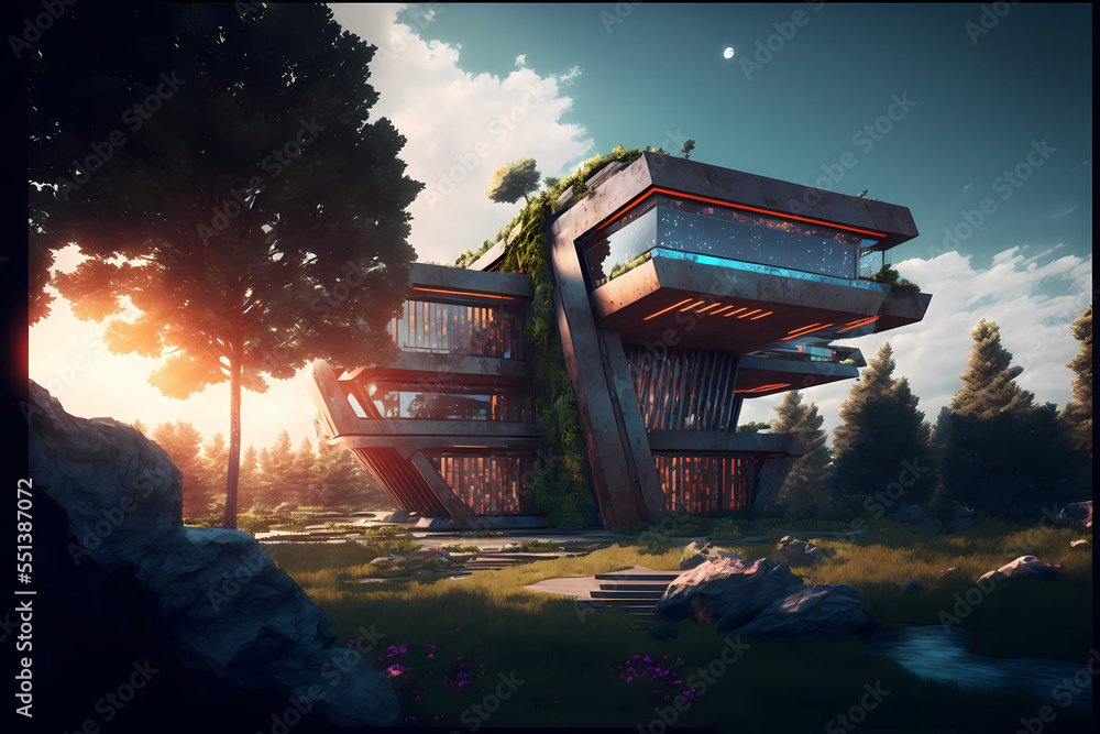 Villa House Building above falling water in a deconstructivist style ...