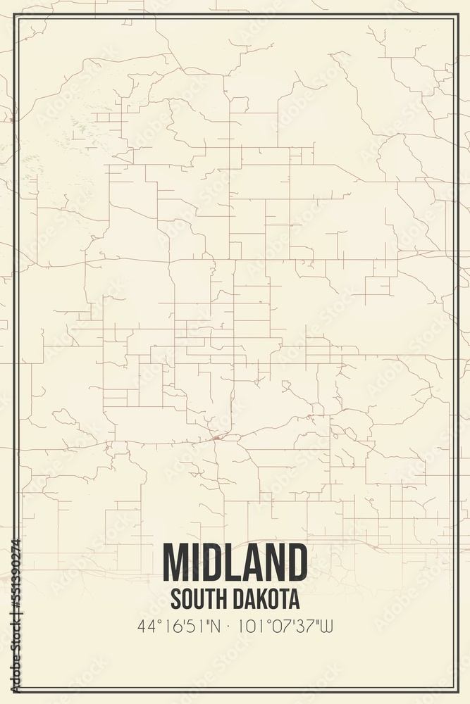 Retro US city map of Midland, South Dakota. Vintage street map. Stock ...