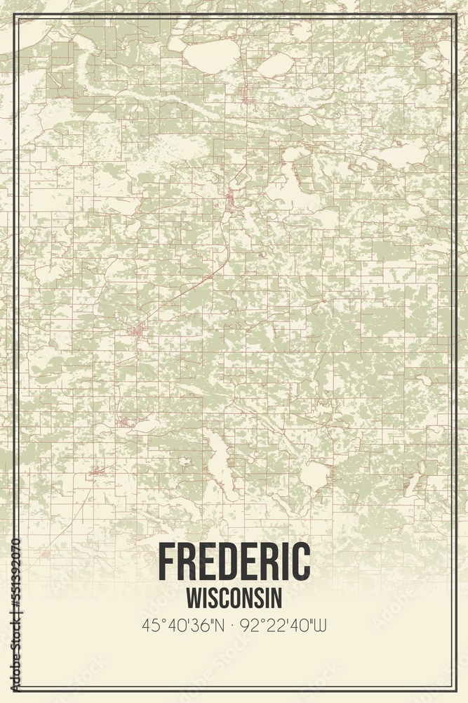 Poster Retro US city map of Frederic, Wisconsin. Vintage street map ...