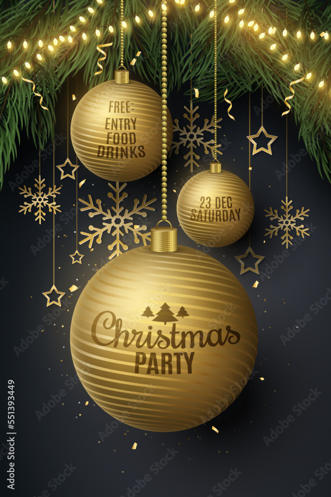 Christmas party flyer. Shiny golden balls, snowflakes, stars. confetti ...