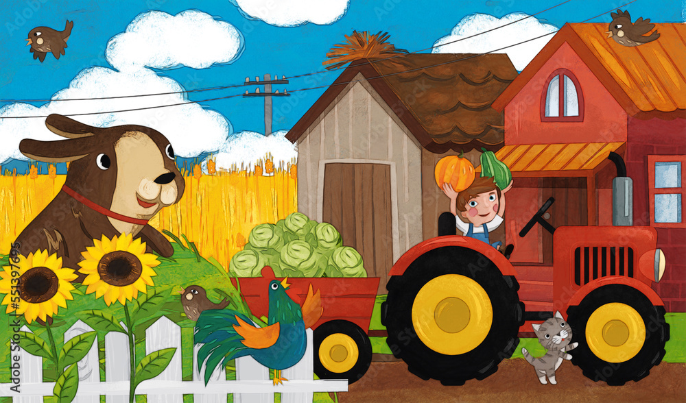 cartoon ranch scene with happy farmer family and dog illustration Stock ...