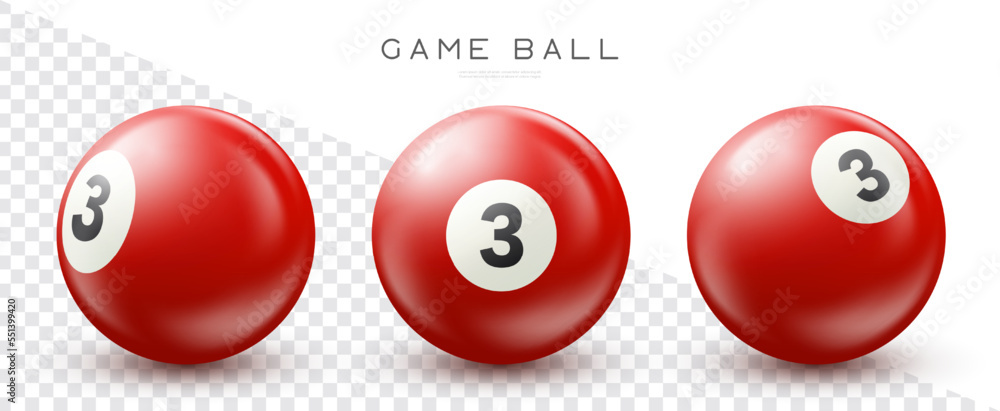 Billiard, red pool ball with number 3 Snooker or lottery ball on ...