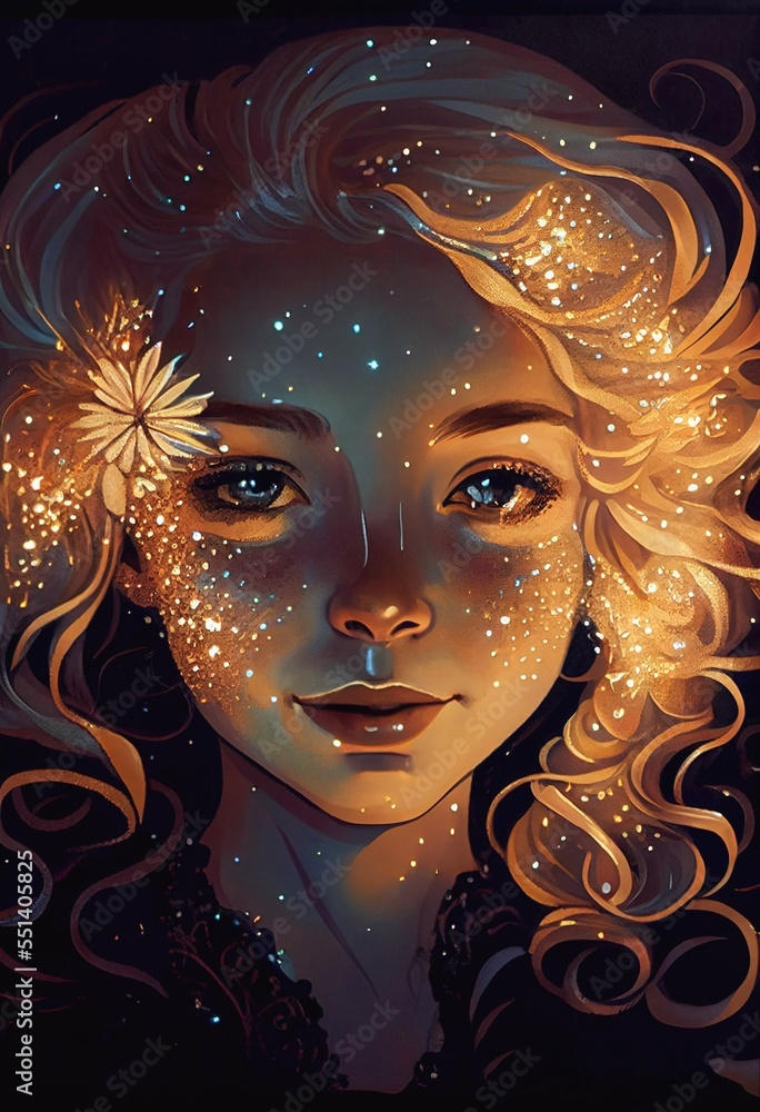 cute glowing happy smirk young woman girl spirit, sparks joy sparkle ...