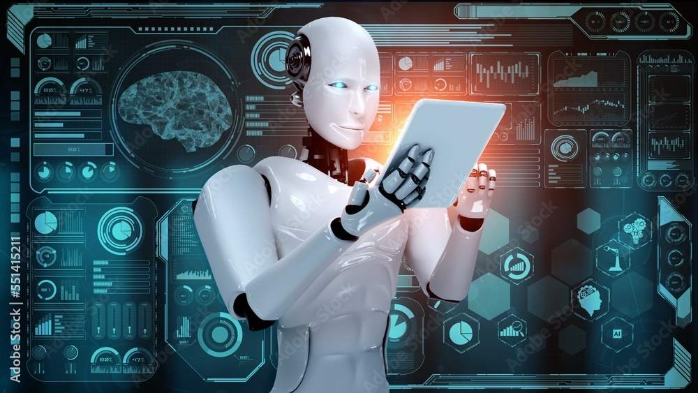 Robot hominoid using tablet computer for big data analytic using AI thinking brain , artificial ...