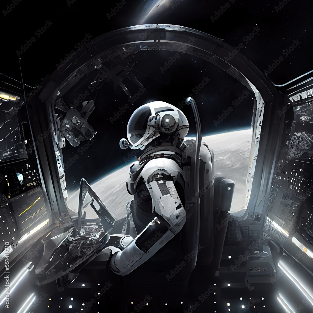 humanoid robot or human in space suit in cockpit of spaceship Stock ...