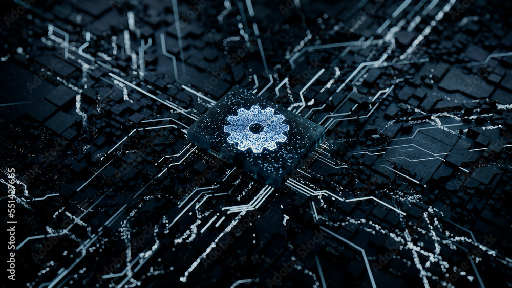 Configure Technology Concept with cog symbol on a Microchip. Data flows ...