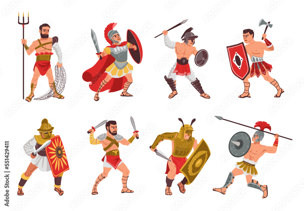 Ancient roman gladiators. People in armor. Warriors with different weapons. Helmets and shields ...