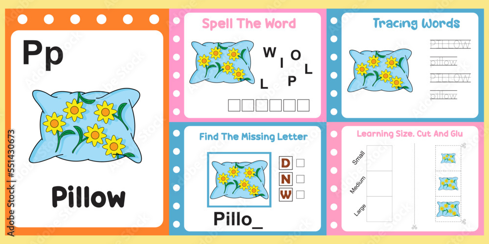worksheets pack for kids with pillow. fun learning for children Stock ...