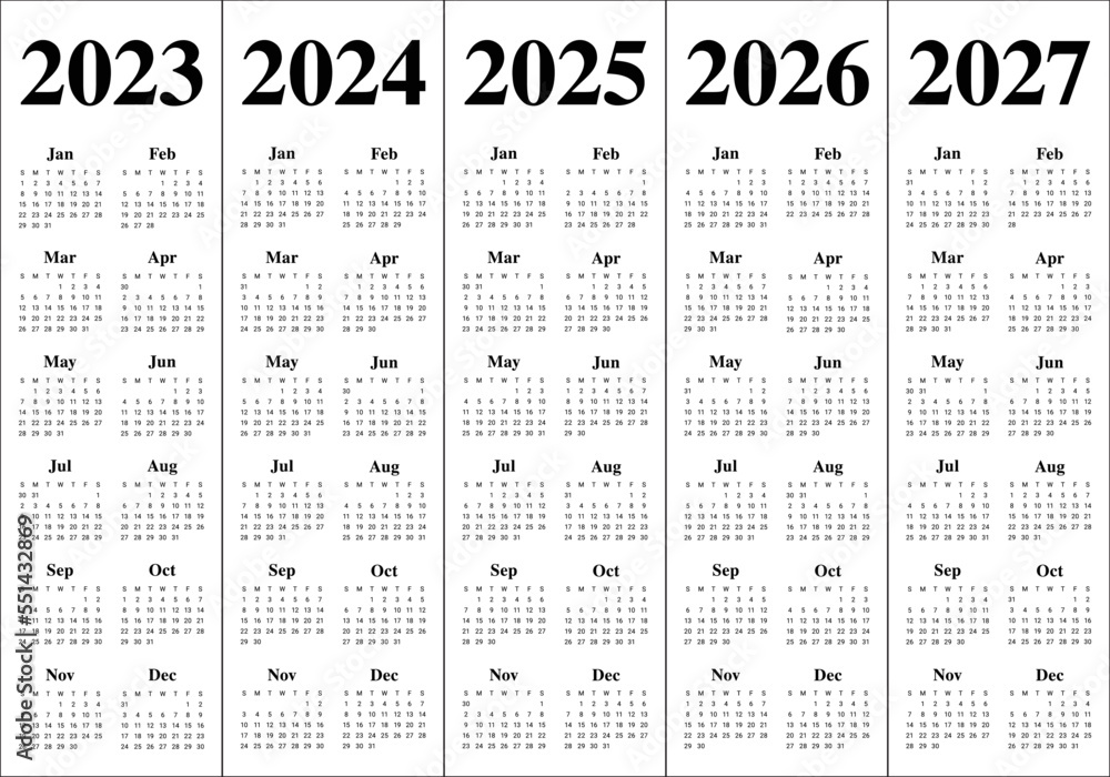 2023 2024 2025 2026 2027 calendar year vector design template, simple ...
