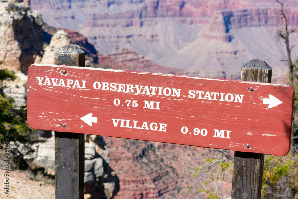 Yavapai Observation Station and Grand Canyon Village directional wooden ...