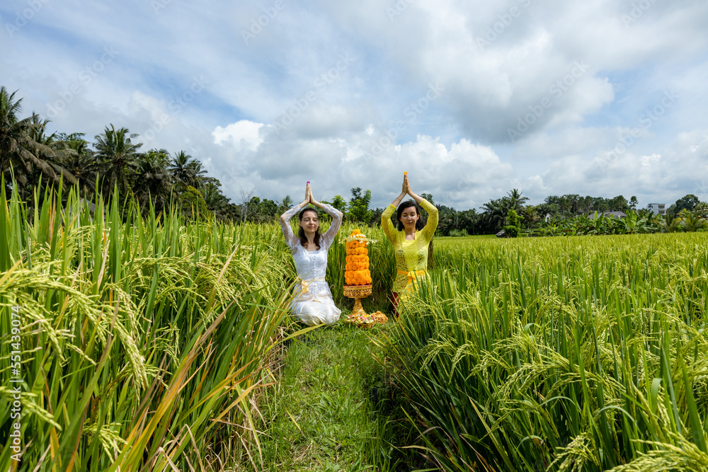 Caucasian women dressed in traditional Balinese costumes praying. Hands ...