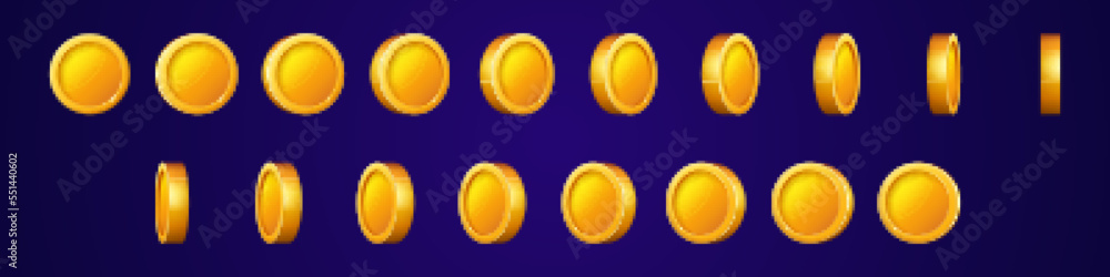 Gold coins turn around animation set. Game, casino icons of money ...