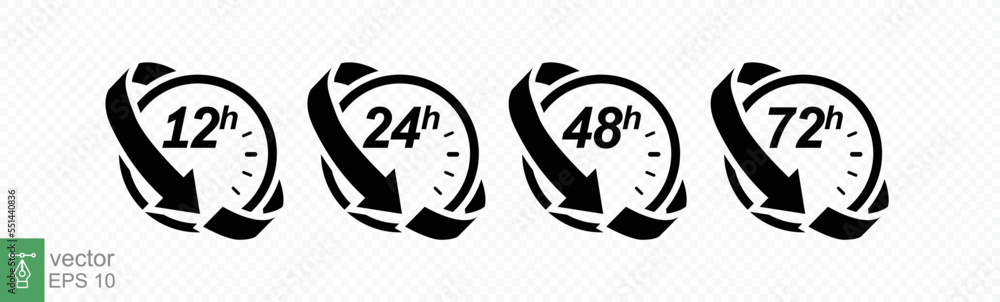 Hour icon set. 12, 24, 48 and 72 hours clock arrow. Fast delivery ...