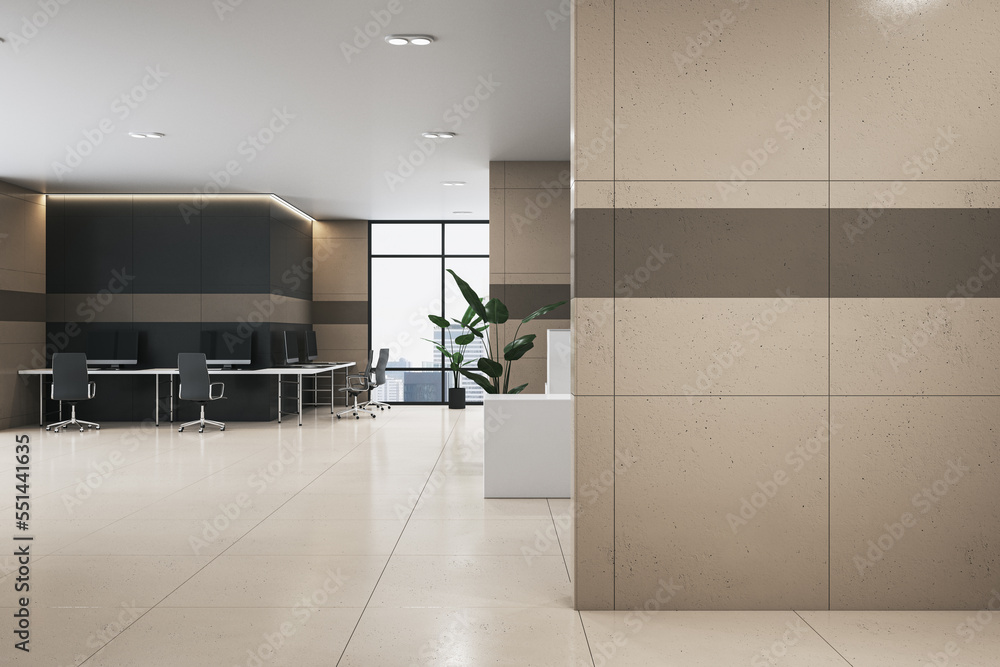 Luxury office lobby interior with furniture, reception desk, window ...