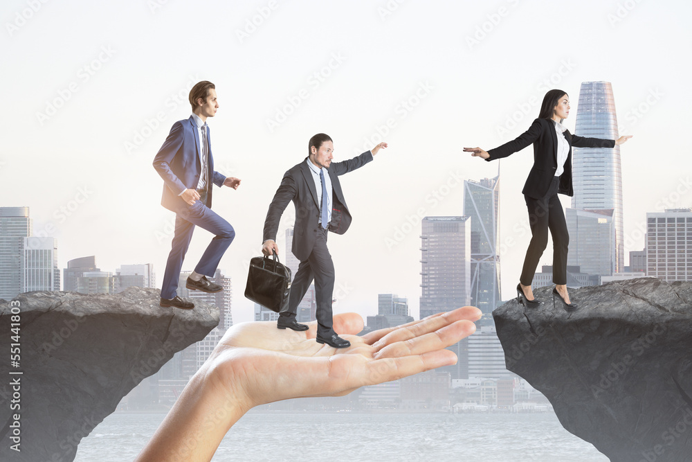 Creative image of team helping each other walk through obstacle on ...