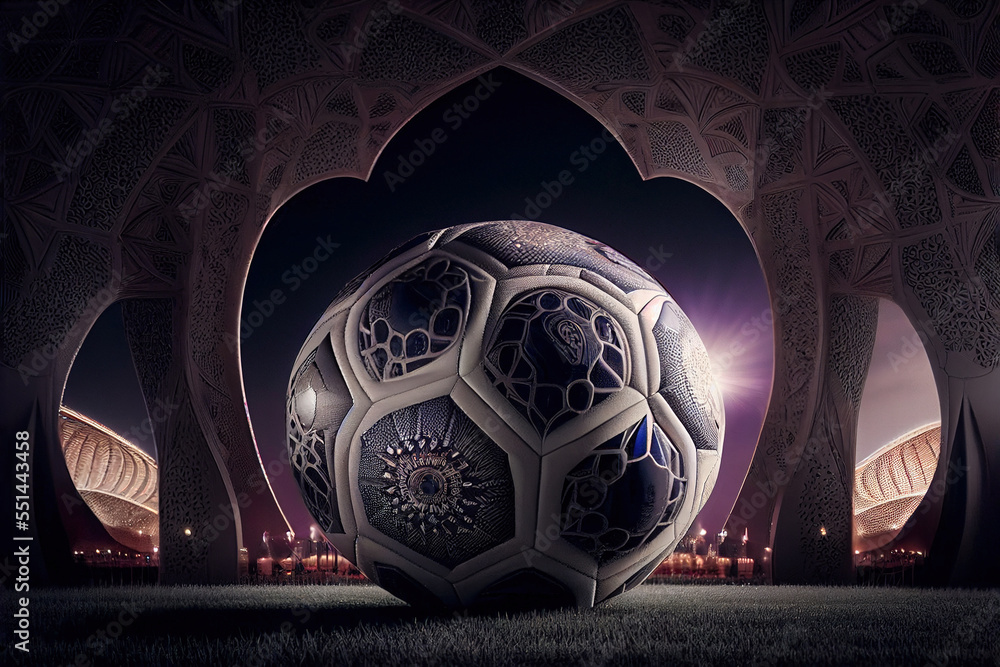 Close up of a soccer ball in the night city landmark of Qatar FIFA 2022 ...