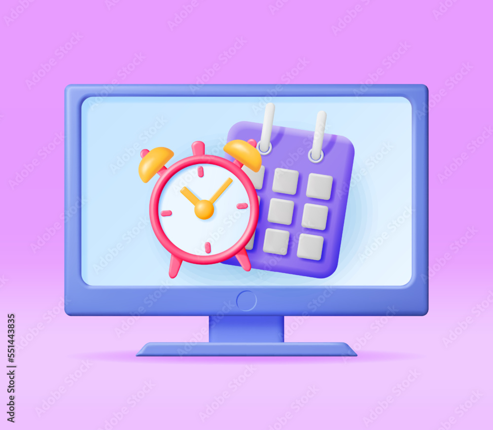 3D Paper Spiral Calendar and Clock on Computer Screen. Render Calendar ...