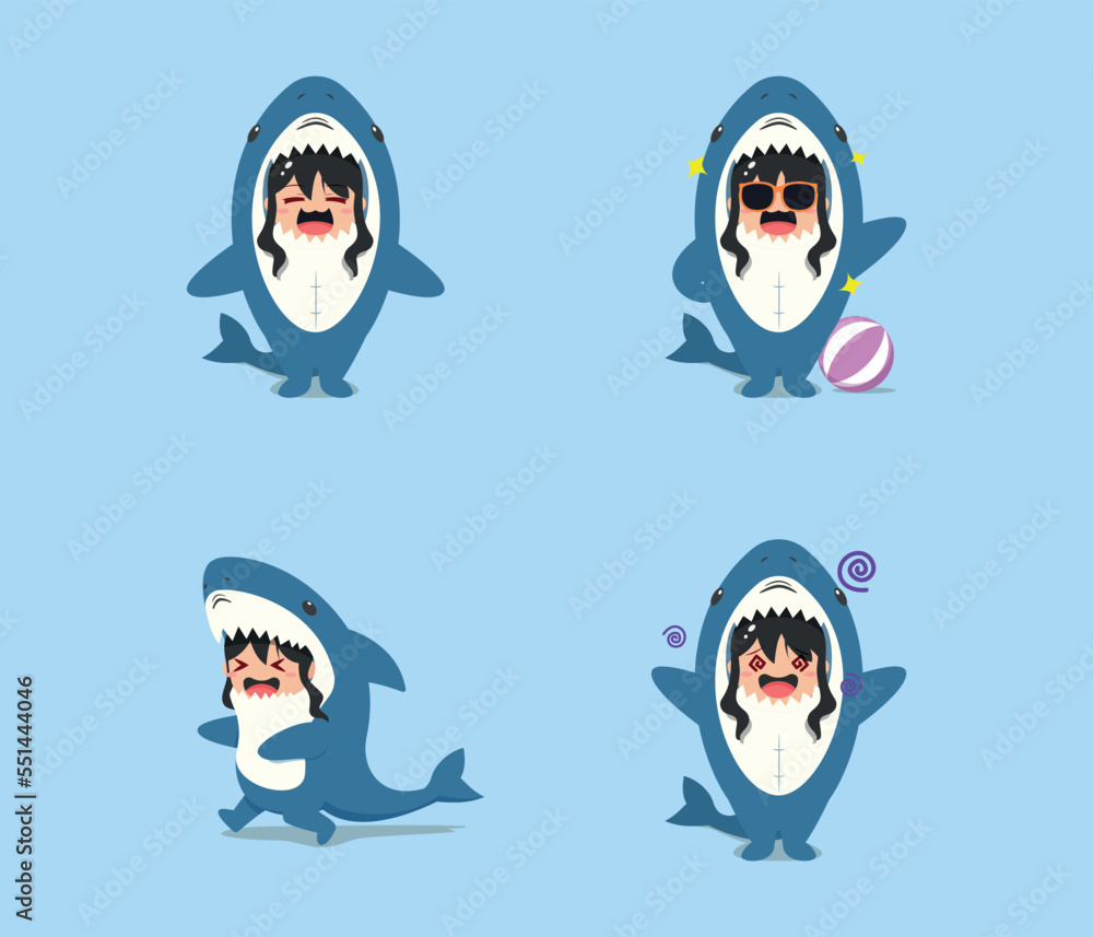 little girl wearing a shark costume character running, puzzled, and ...