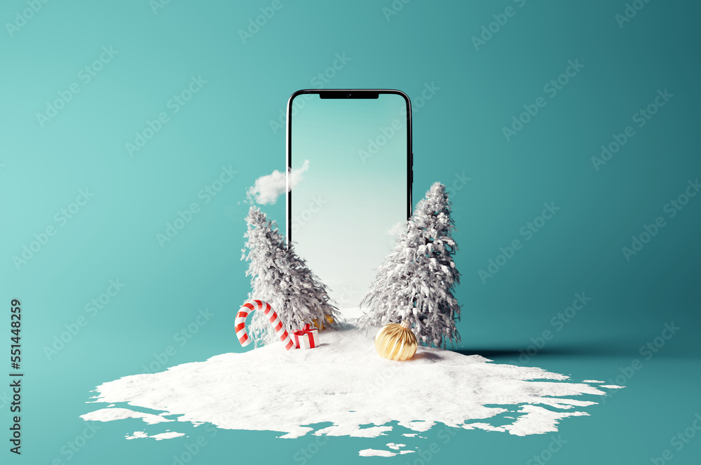 Creative Christmas scene on smartphone with blue background. 3d ...