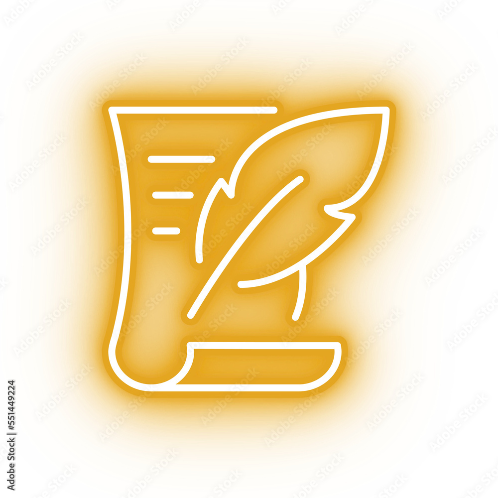 Neon yellow list icon, parchment and quill on transparent background ...
