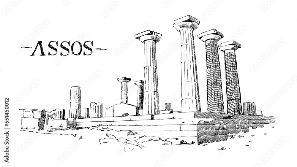 Hand drawn illustration of columns from the historical ruins of Assos ...