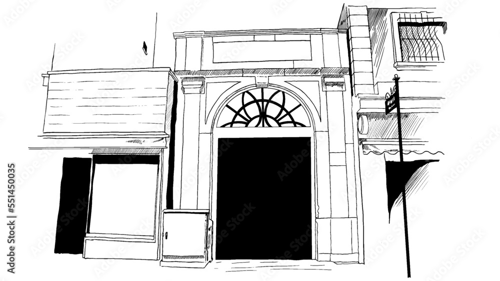 A hand drawn illustration depicting the entrance gate of the historical ...