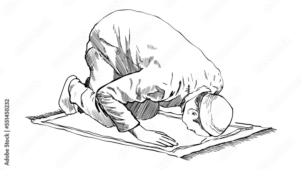 Hand drawn illustration of a muslim praying in prostration. A Muslim ...