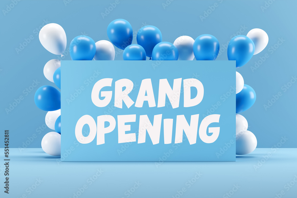 Blue sign with the message GRAND OPENING framed with balloons ...