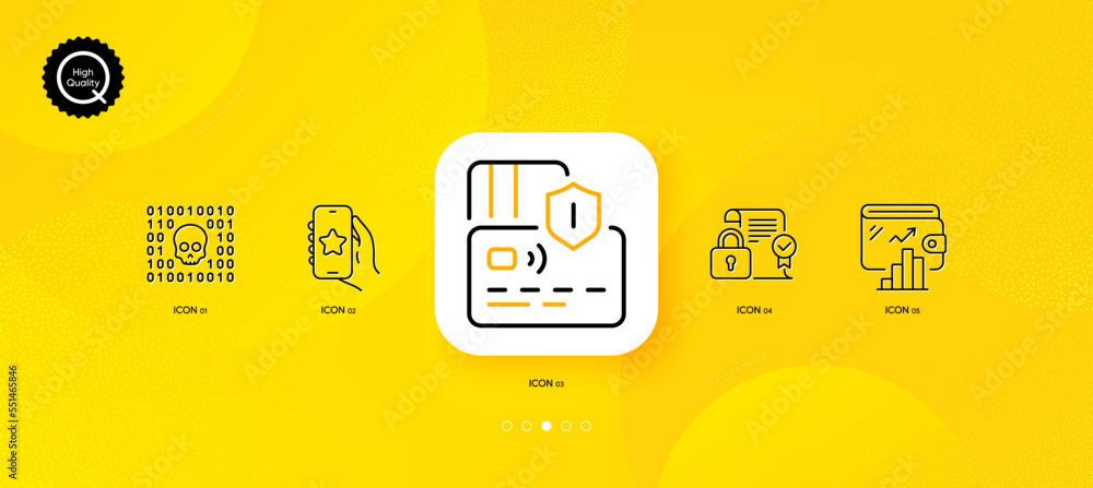 Wallet, Card and Security contract minimal line icons. Yellow abstract background. Favorite app ...